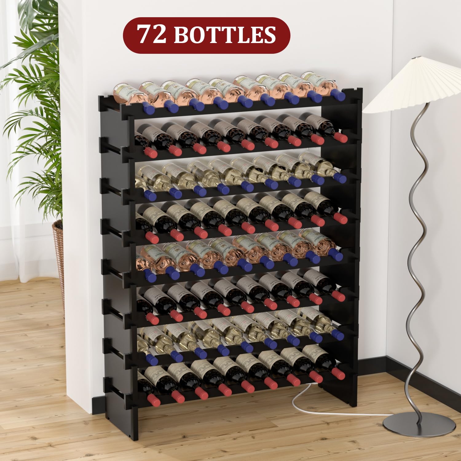 Domax Wine Rack Freestanding Floor - 8 Tiers Wine Bottle Holder 72 Bottle Stackable Wine Rack， Bamboo Wine Holder Wine Storage Racks for Kitchen, Bar, Pantry and Cellar (Black)