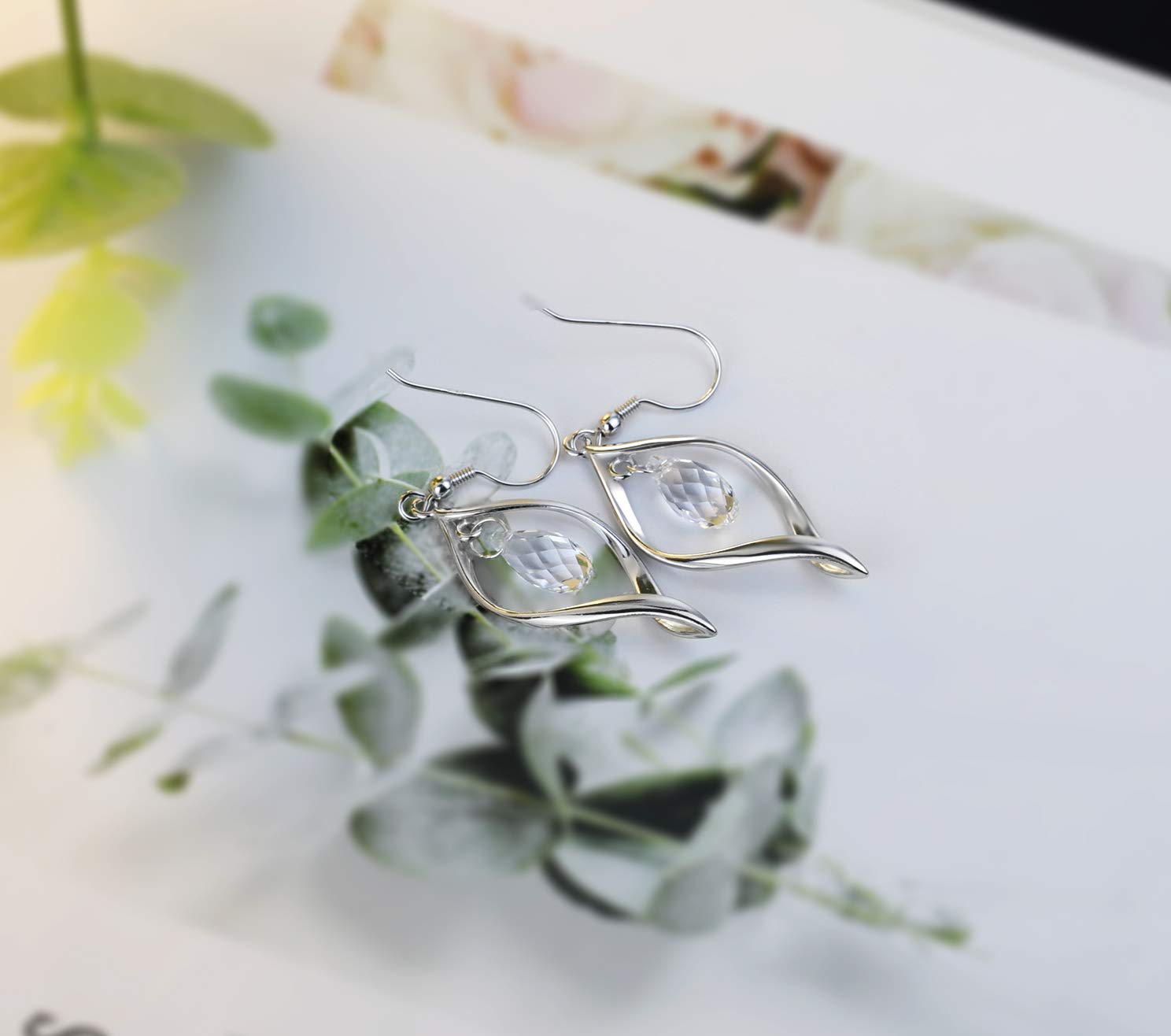 Clearance Swarovski Crystal Twist Leaf Style Fashion 925 Sterling Silver Dangle Earrings for Women in Gold-Plated