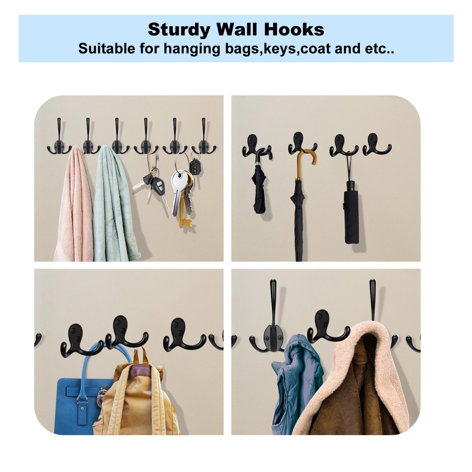 Kruodop 4 Pack Wall Hooks Wall Mounted Coat Hooks for Hanging Heavy Duty, Black Towel Hooks, Metal Double Coat Hanger with Screws Cup Retro for Coats, Handbags, Towels, Hat