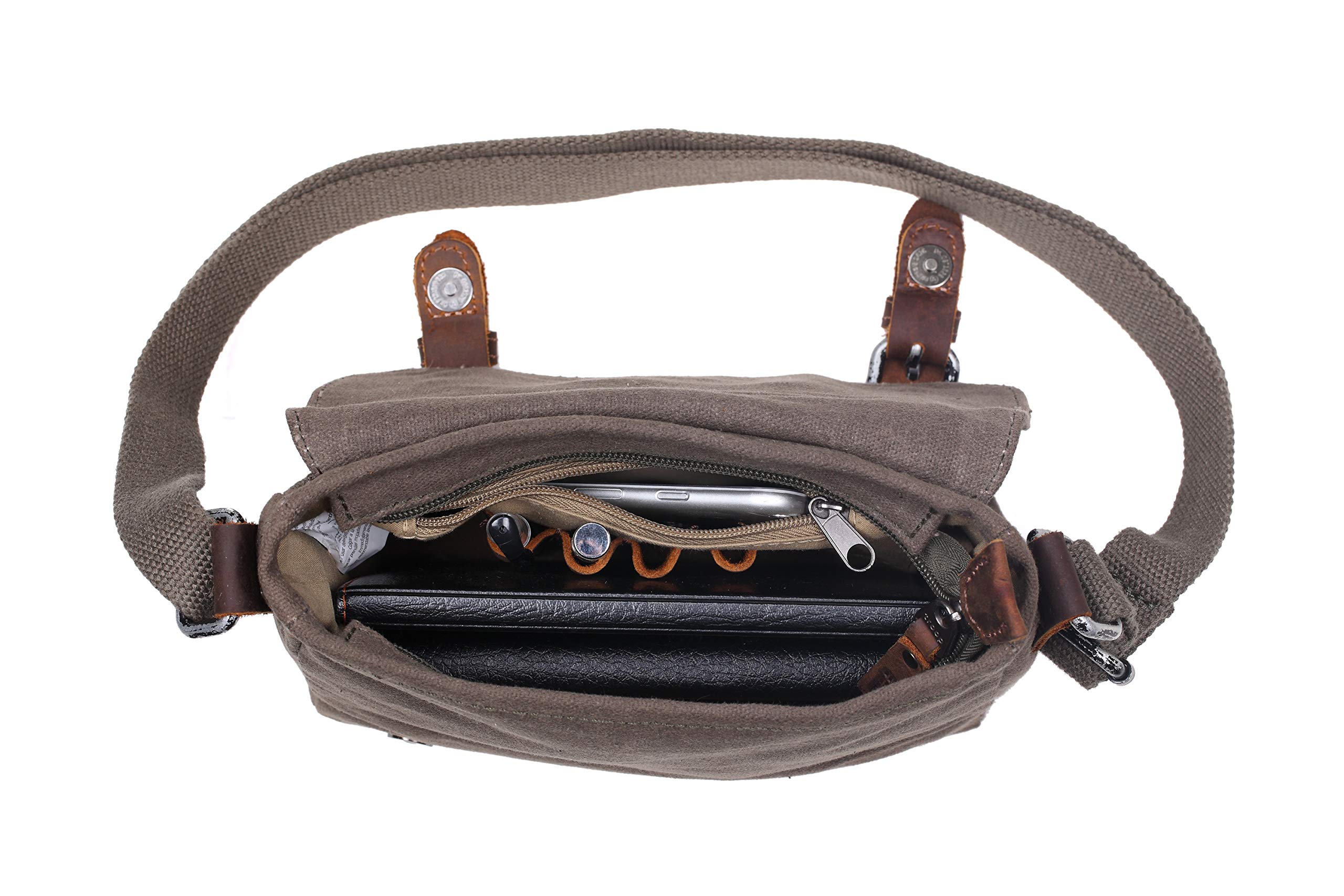 Troop London Heritage Canvas Leather Shoulder Bag, Across Body Bag, Smart Small Travel Bag TRP0428 (Olive)