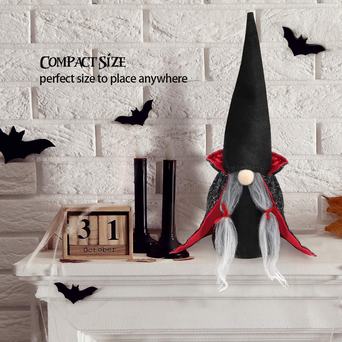 D-FantiX Halloween Gnomes Plush Decor, 2 Pack Handmade Tomte Swedish Gnome Nisse Scandinavian Vampire Gnomes Ornaments with Black Witch Cloak Hat Halloween Table Decorations Gifts