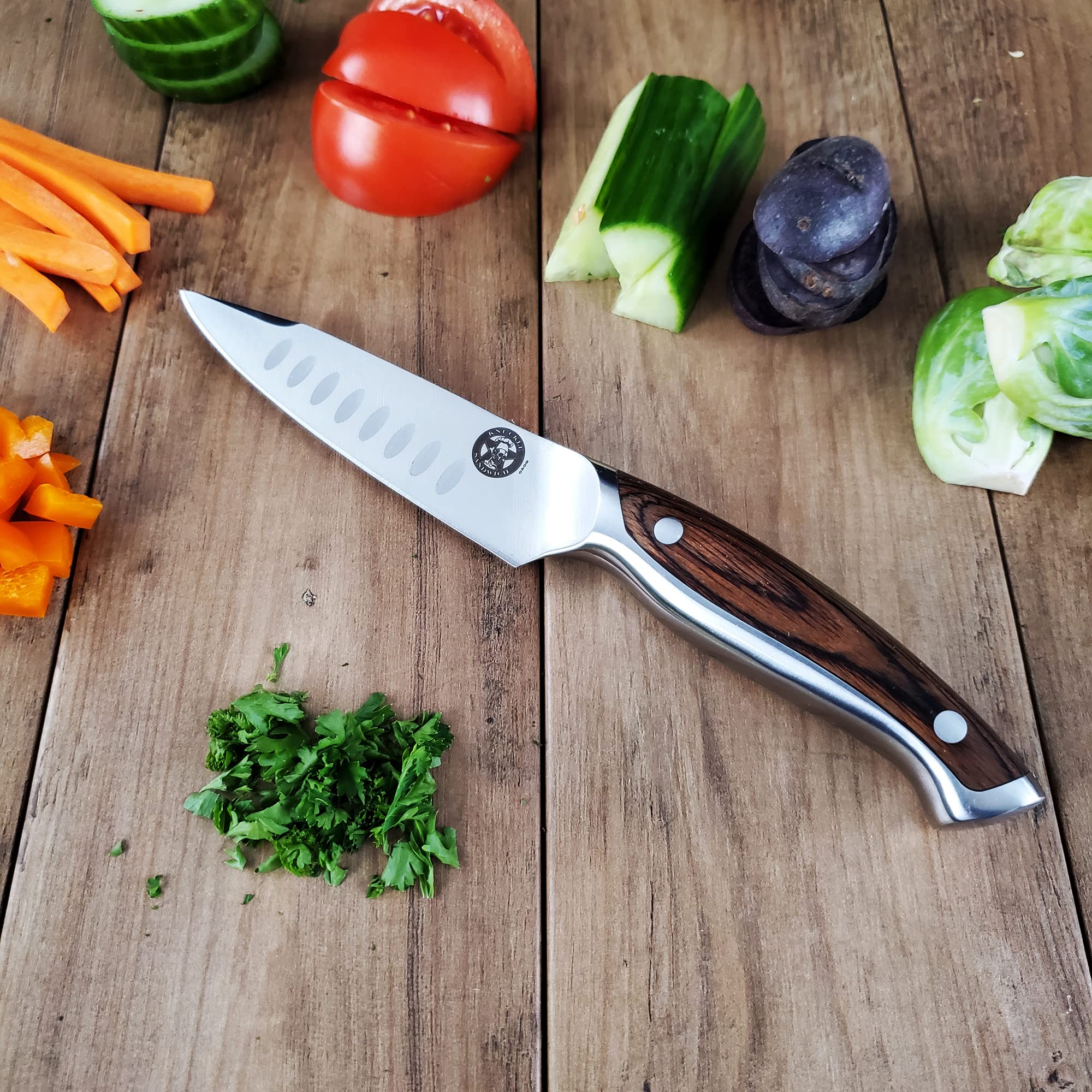 Ergo Chef Guy Fieri Knuckle Sandwich 4-Inch Paring Knife 8041 Premium 7CR17MoV Stainless Steel Blade Hollow Ground Blade Custom Style Tip, Ergonomic Pakkawood Handle