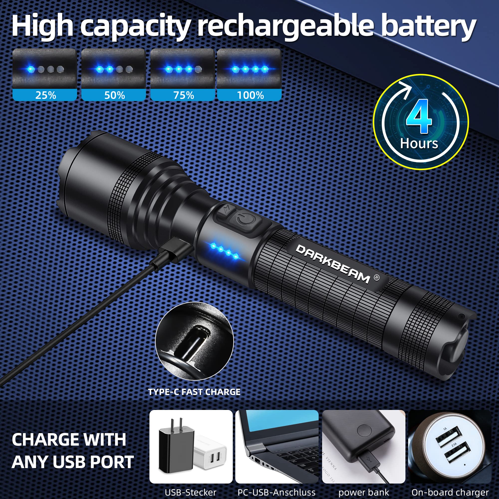 DARKBEAM LED Flashlight Rechargeable USB 350000 High Lumens, Small Powerful Bright Pocket Flashlights, Focus Adjustable Water Resistant Handheld Flash Light for Camping, Outdoor, Emergency