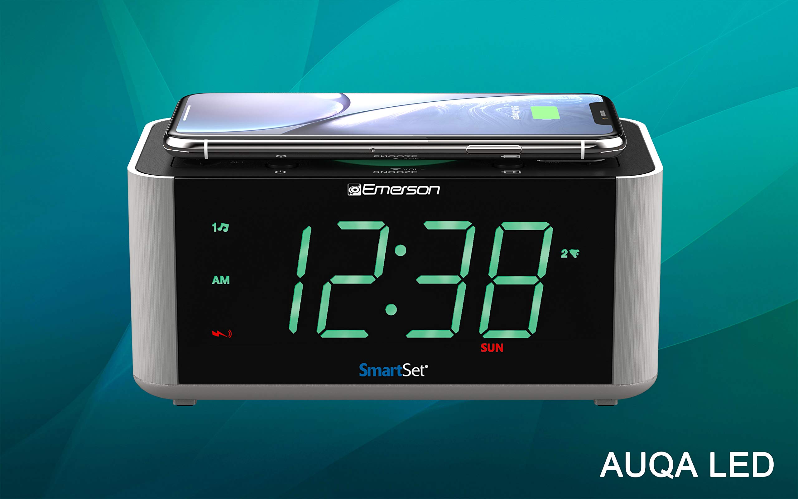 Emerson Smartset Dual Alarm Clock Radio and QI Wireless Phone Charger with Bluetooth, All Qi Compatible Phones, ER100202