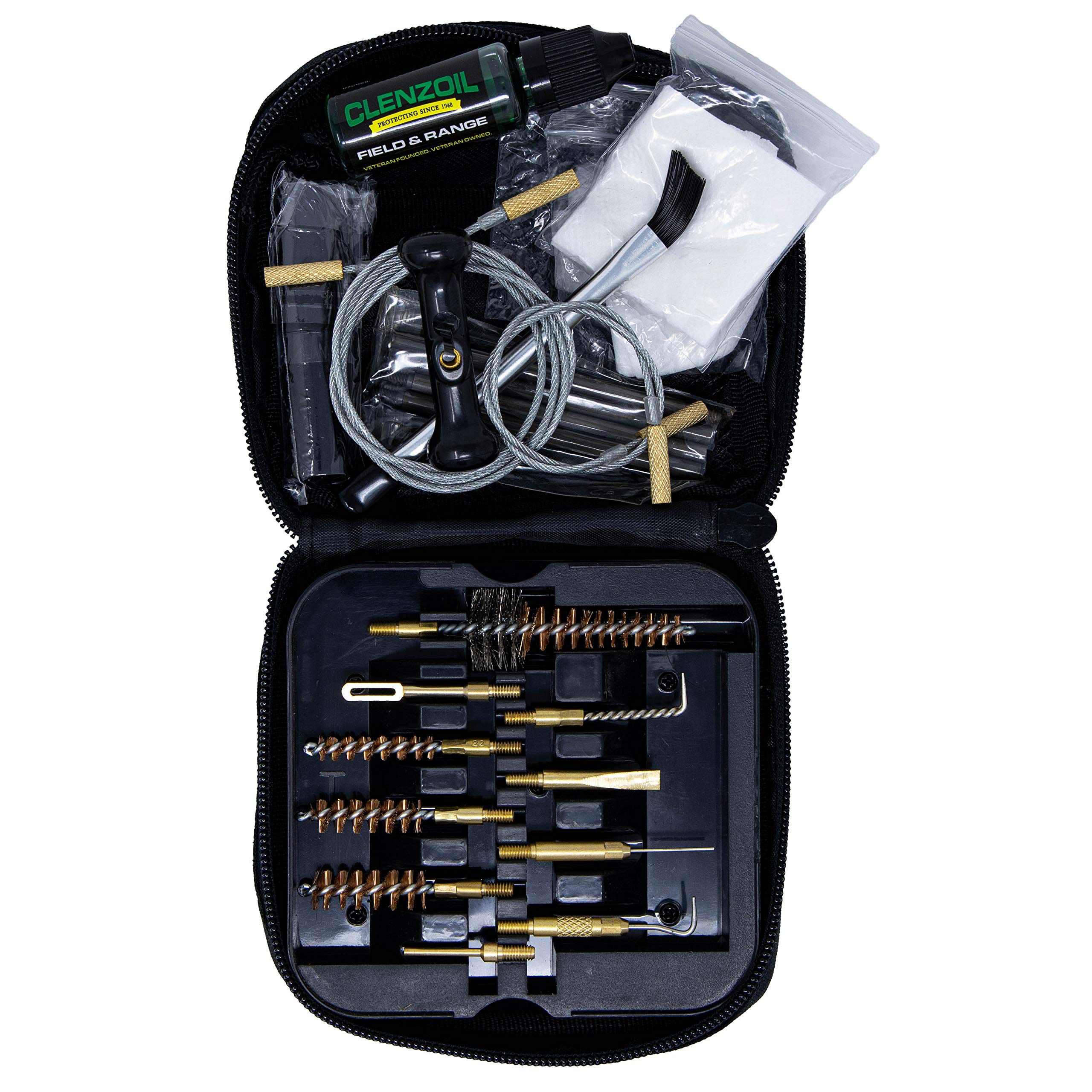 Clenzoil Field & Range Tactical Gun Cleaning Kit | Black | All-in-One Rifle & Pistol Cleaning Kit | Includes Field & Range CLP, Bore Brushes, Patches, Rod, Cable, Handle, Brush, Tools & More!