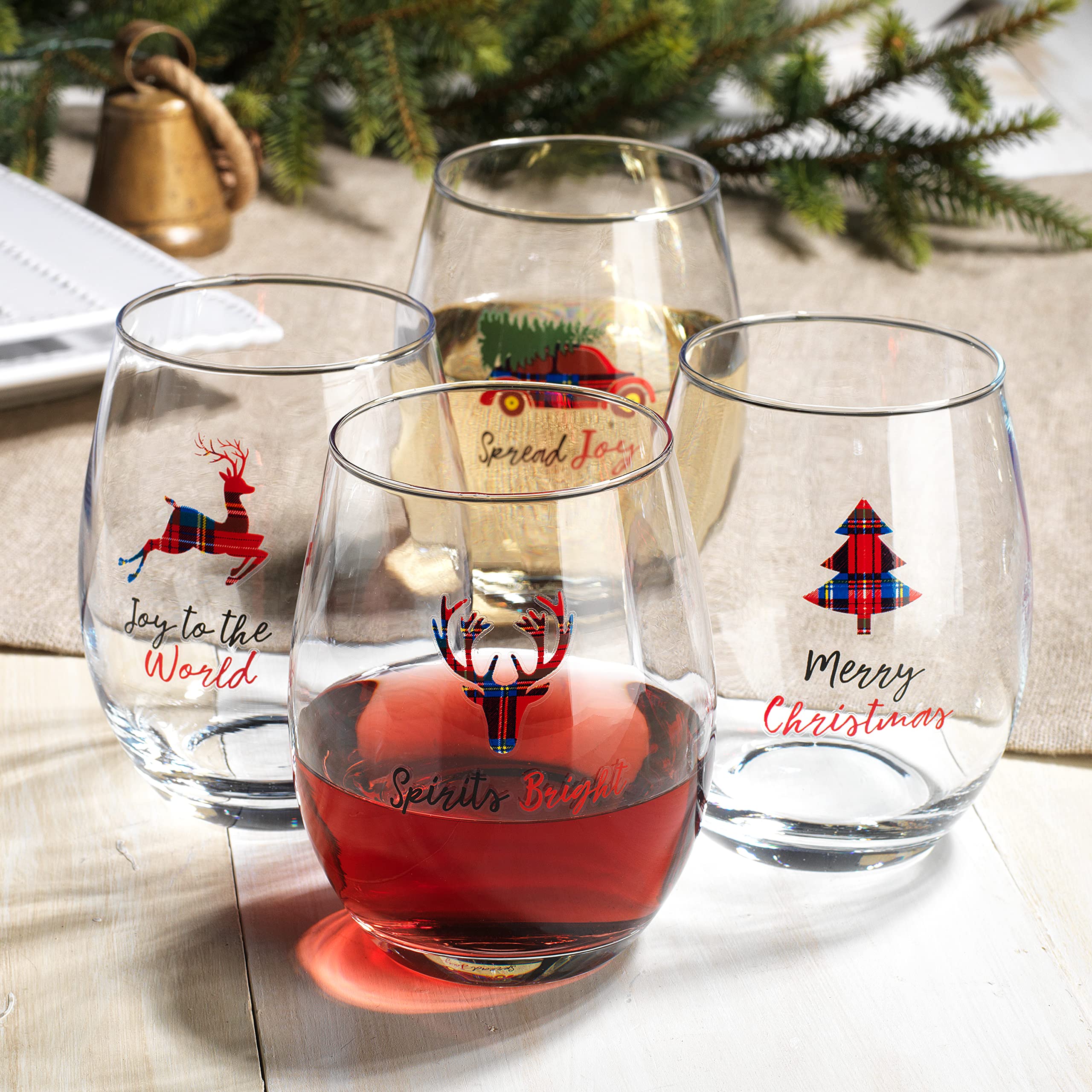Elegant Home Set of Four (4) 17oz Holiday Festive Christmas Stemless Clear Red Or White Wine Glass With Christmas Tree, Car & Reindeer Design Design