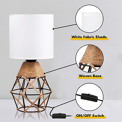 Hamilyeah Boho Lamp, Woven Table Lamp for Nightstand with On/Off Switch, Bedroom Lamp with White Fabric Shade, Simple Lamp for Bedside, Living Room