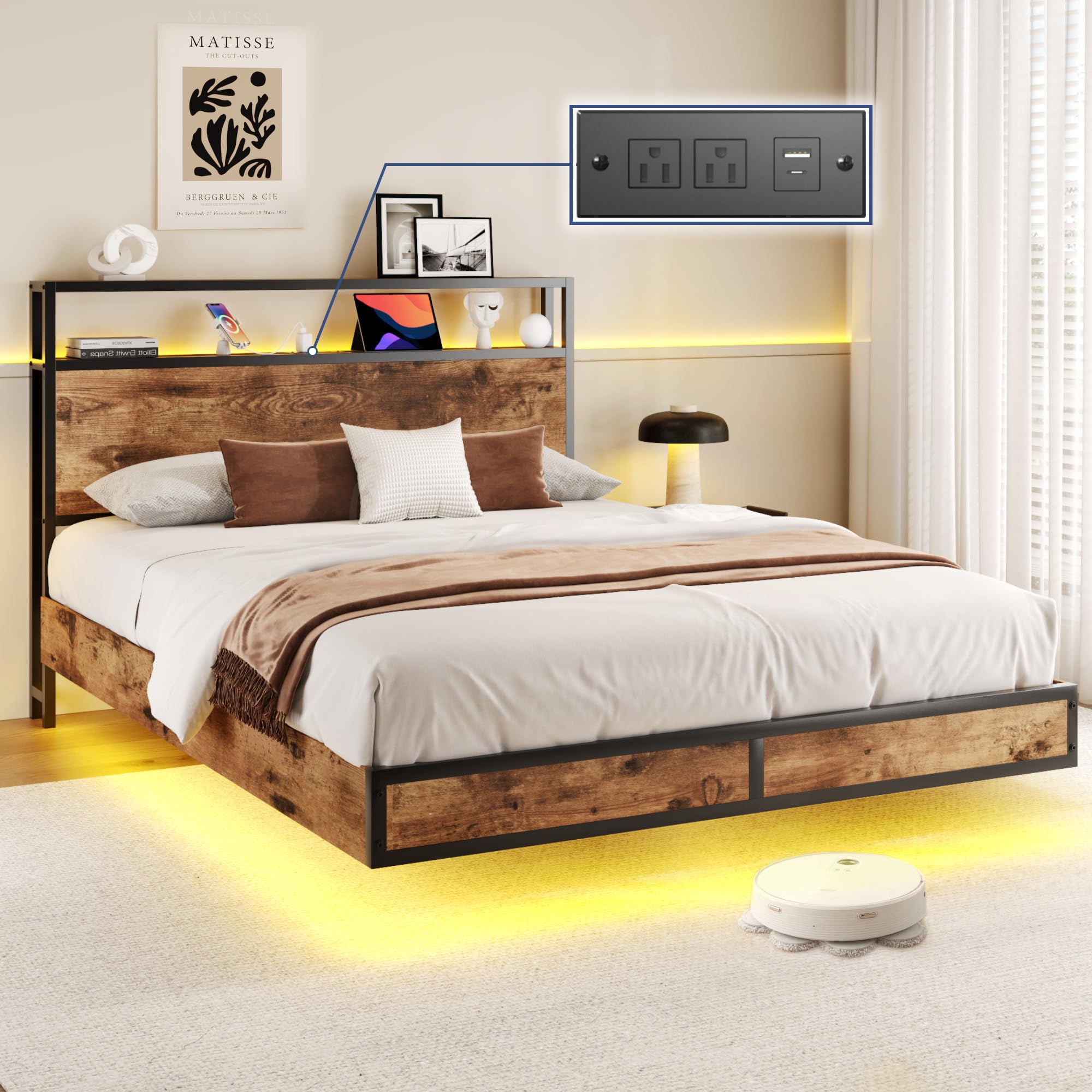 Lifezone Floating Queen Bed Frame with LED Lights, 2-Tier Storage Headboard, Metal Queen Bed Frame with Built-in Charging Ports, Noise-Free, Easy Assembly, Vintage Brown
