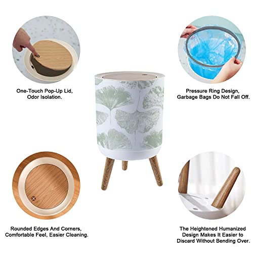 Small Trash Can with Lid Sage green ginkgo biloba leaves pale botanical seamless Floral Natural Waste Bin with Wood Legs Press Cover Wastebasket Round Garbage Bin for Kitchen Bathroom Bedroom Office