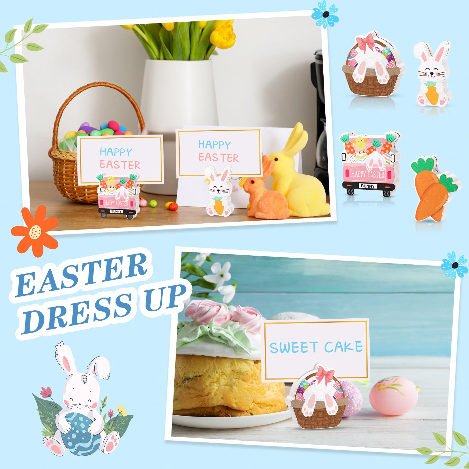 Kigley 18 Pcs Easter Bunny Eggs Wooden Place Card Holder with 25 Pcs Gold Foil White Card Easter Wooden Table Sign Bunny Easter Eggs Picture Number Sign Stands Holder for Spring Party (Cute)