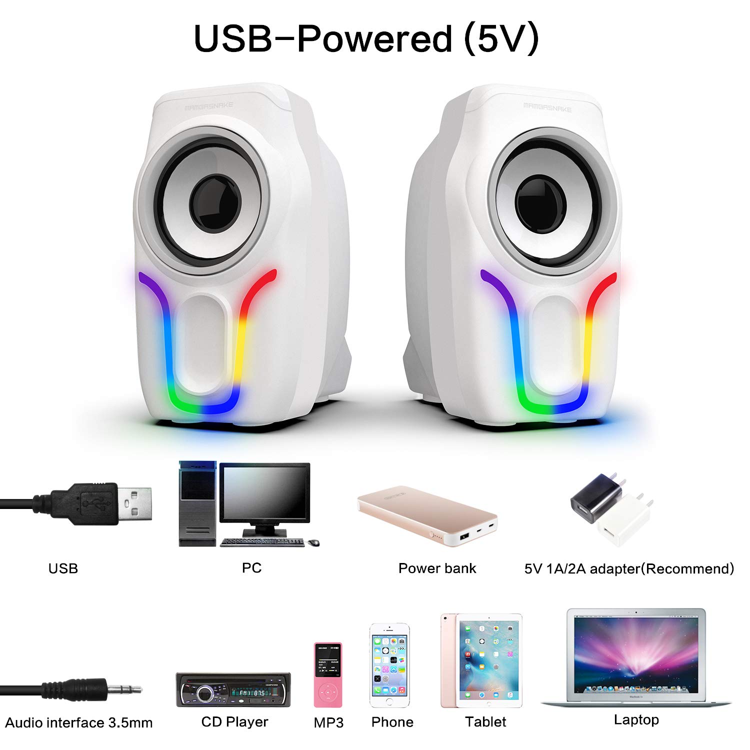 Computer Speakers,2.0 Stereo Volume Control Gaming Speakers with Surround Sound,6 RGB LED Backlit Effect,USB Powered Wired Laptop Speakers with 3.5mm for Desktop Computer/PC/Laptops(White)