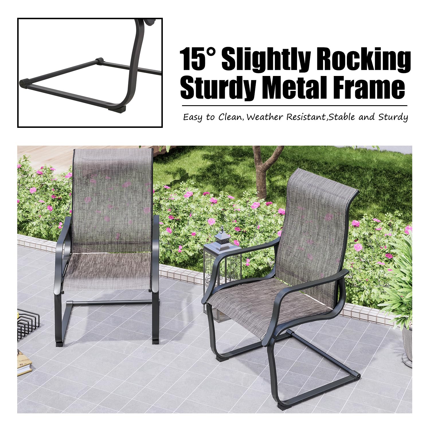 PatioFestival Patio Dining Chairs High Back Patio Chairs C-Spring Motion Chairs,Textilene Fabric & Black Metal Frame,2 Pieces Outdoor Furniture for Yard, Garden, Backyard, Deck, Bistro(Grey)