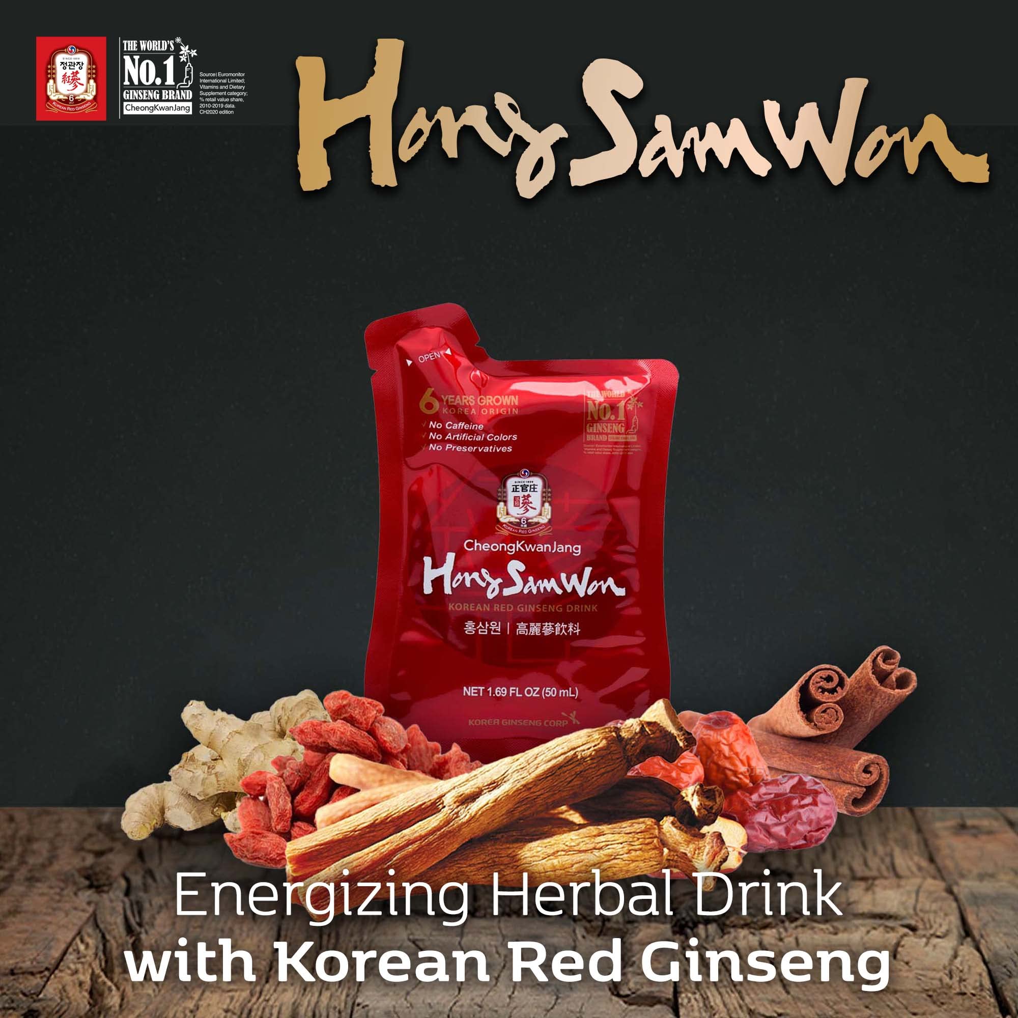 CheongKwanJang [Hong Sam Won - Energizing Wellness Drinks with Natural Korean Ginseng] Caffeine-Free, Healthy Energy Supplement, Performance, Circulations, No Artificial Colors, No Preservatives,- 500ml per Pouch (60 Count)