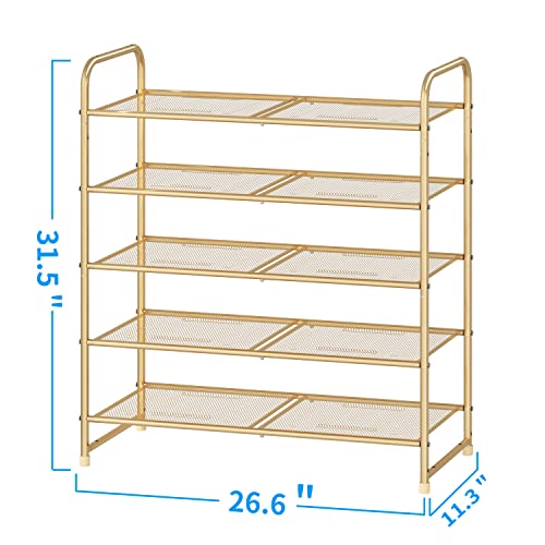 Simple Trending 5-Tier Stackable Shoe Rack, Expandable & Adjustable Shoe Shelf Storage Organizer, Metal Mesh, Gold