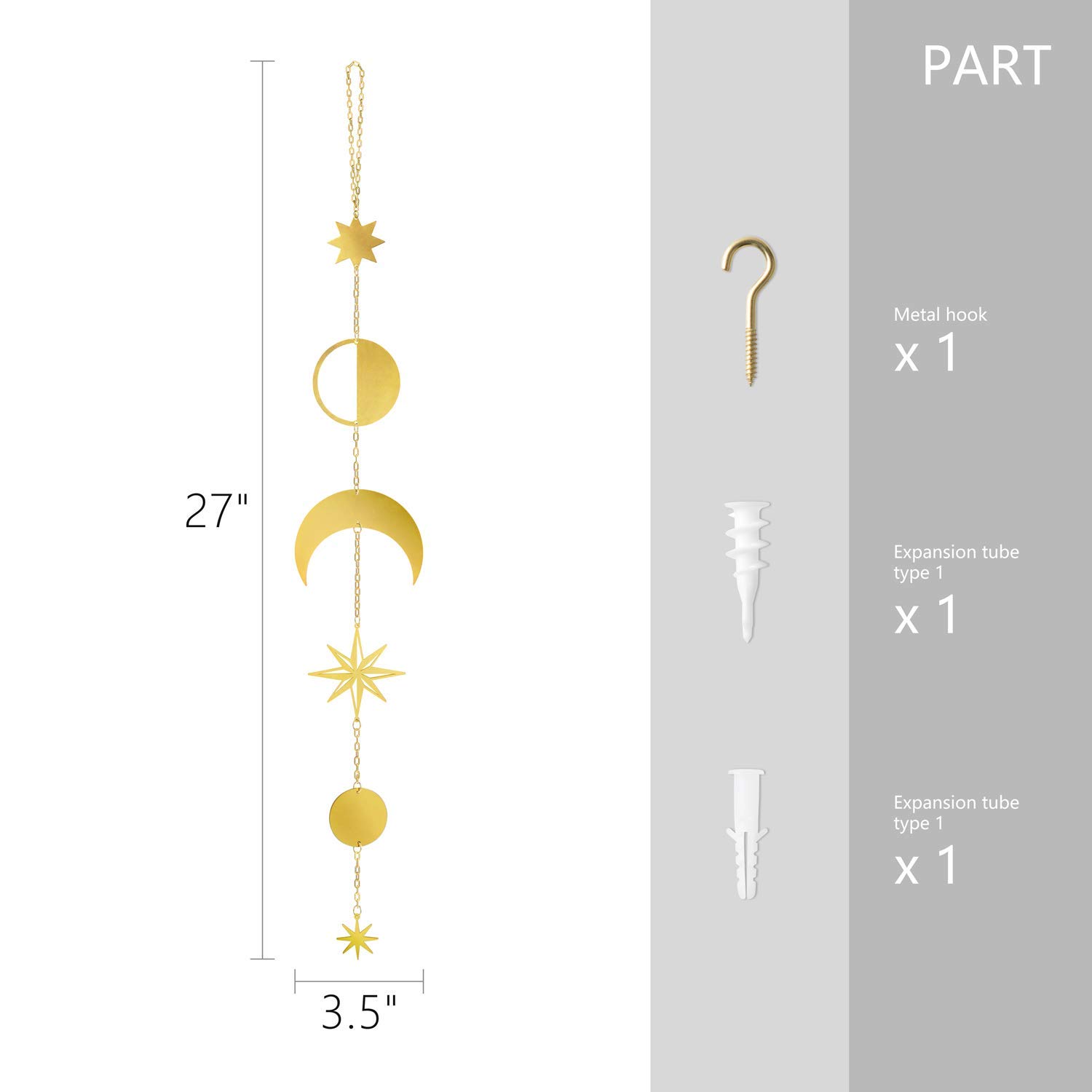Dahey Moon Phase Wall Hanging Boho Decor Star Wall Art Garlands Metal Cycle Ornament Vertical Bohemian Home Decoration for Bedroom, Living Room, Apartment or Dorm, Gold