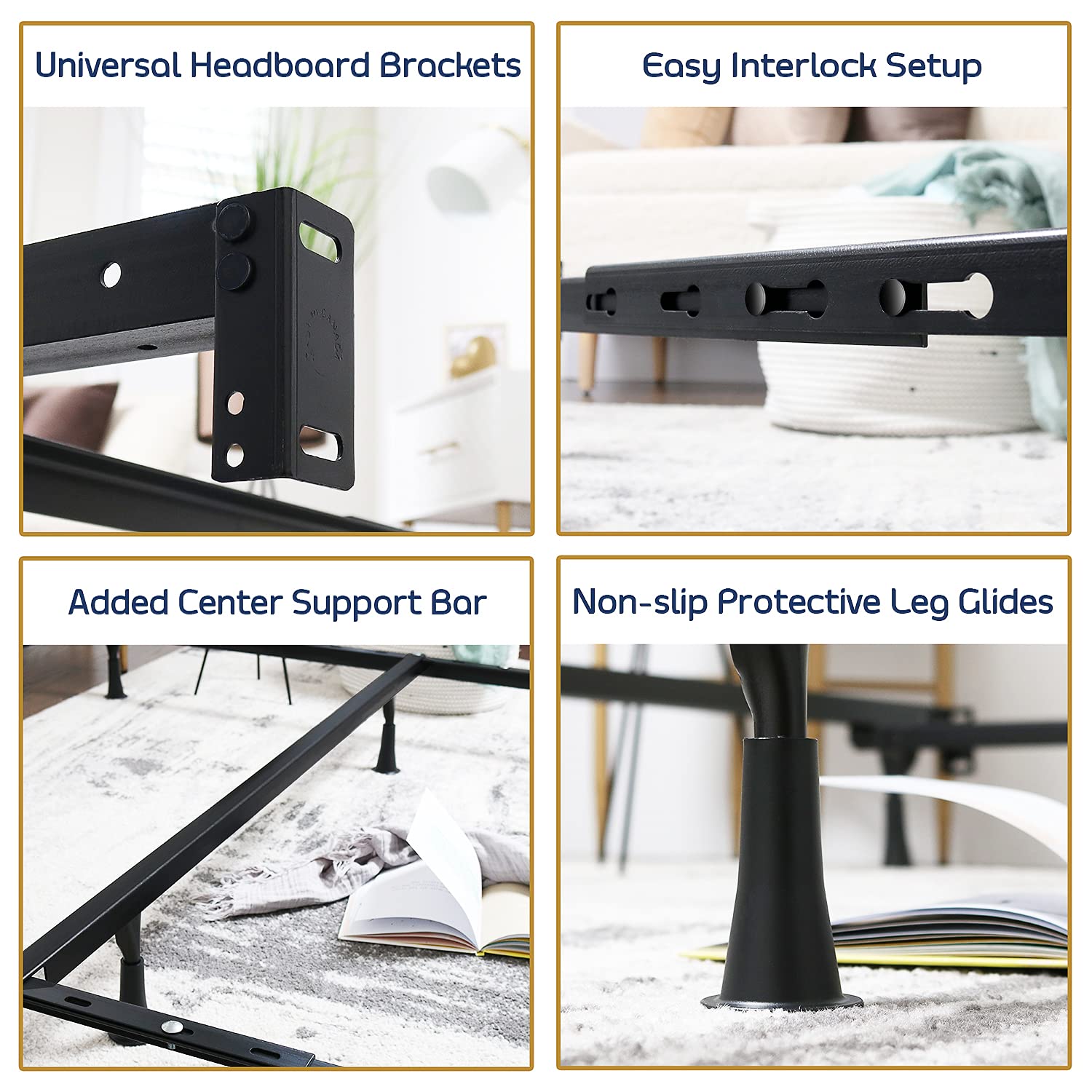 Clara Clark Adjustable Bed Rails - Metal Adjustable Bed Frame with Bed Center Support Leg - 5.25โ H Low Bed Frame - Expands from Twin Size Bed Frame to Full Bed Frame, Metal Queen Bed Frame, Black