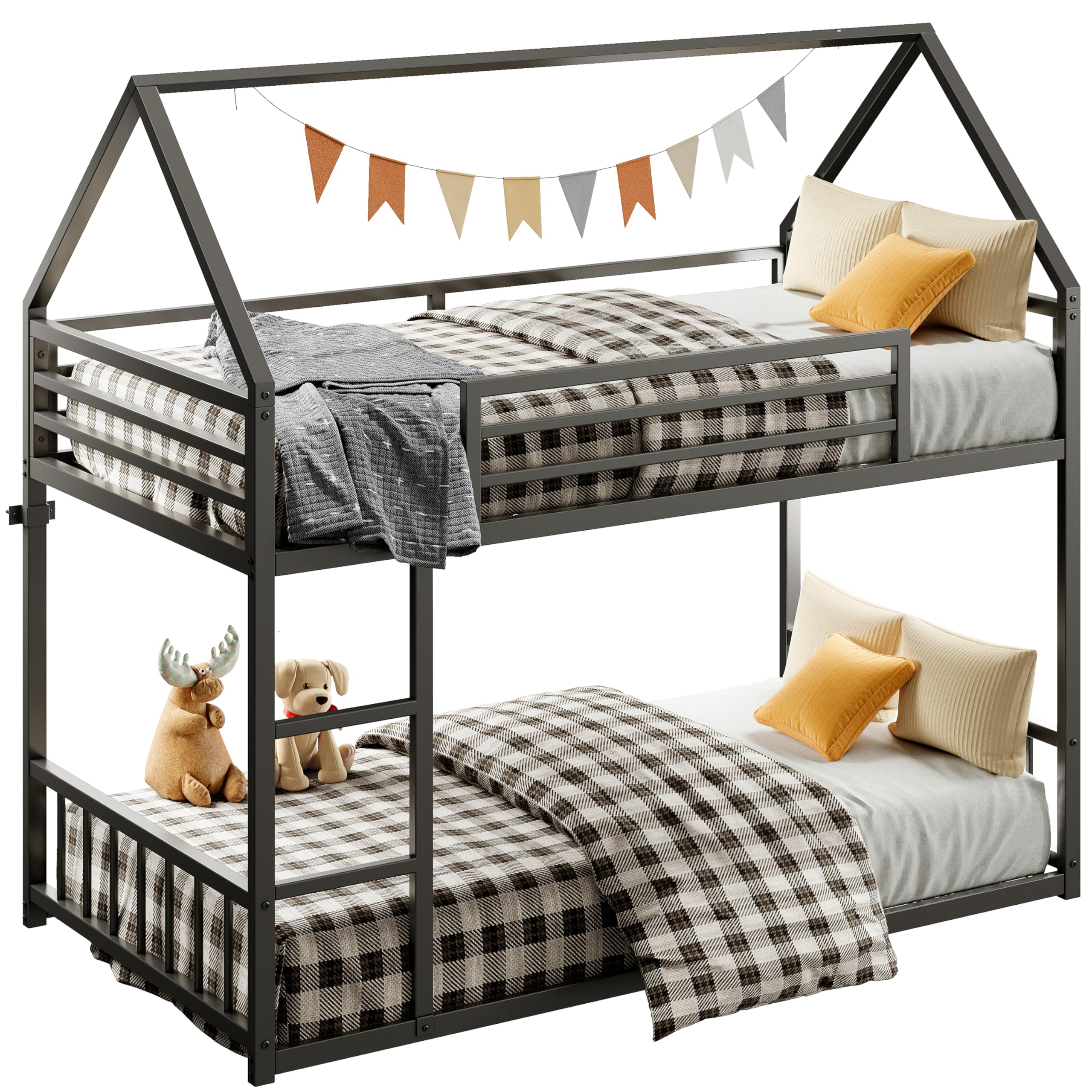 LIKIMIO Bunk Bed Twin Over Twin, House Bunk Bed Frame with Ladder and Guardrail, House Shaped with Metal Slats for Dormitory and Bedroom, Space Saving, No Box Spring Needed, Black