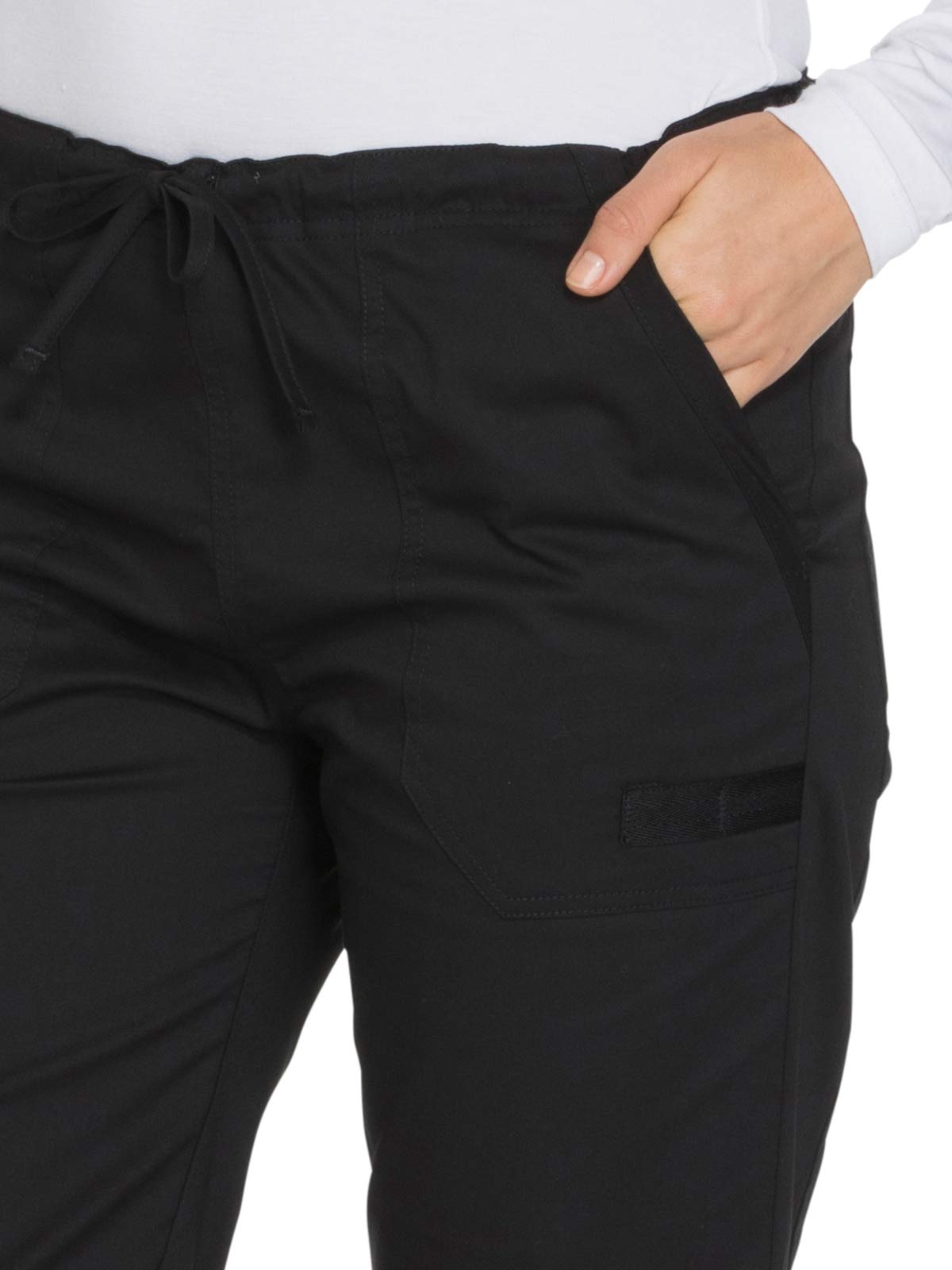 Cherokee Women Scrubs Pant Workwear Core Stretch Mid Rise Straight Leg Drawstring WW130T, M Tall, Black