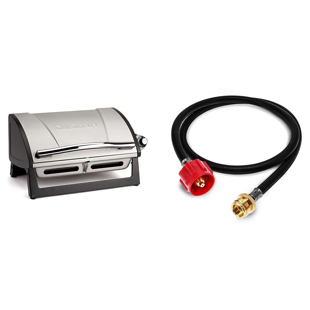 Cuisinart CGG-059A Grillster 8,000 BTU Portable Propane Tabletop Gas Grill | Gas One 4 ft Propane Hose 1lb to 20lb Adapter Hose Bundle