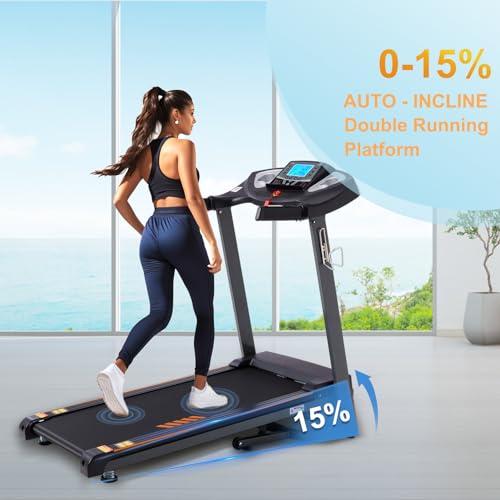 HUAGEED Treadmill for Home with 15% Auto Incline, 0.5-10 MPH Speed, Foldable Treadmills with APP, Speaker, 18" Wide Belt, 15 Programs, Smart Running Machine for Apartment Walking and Jogging, 2.5HP