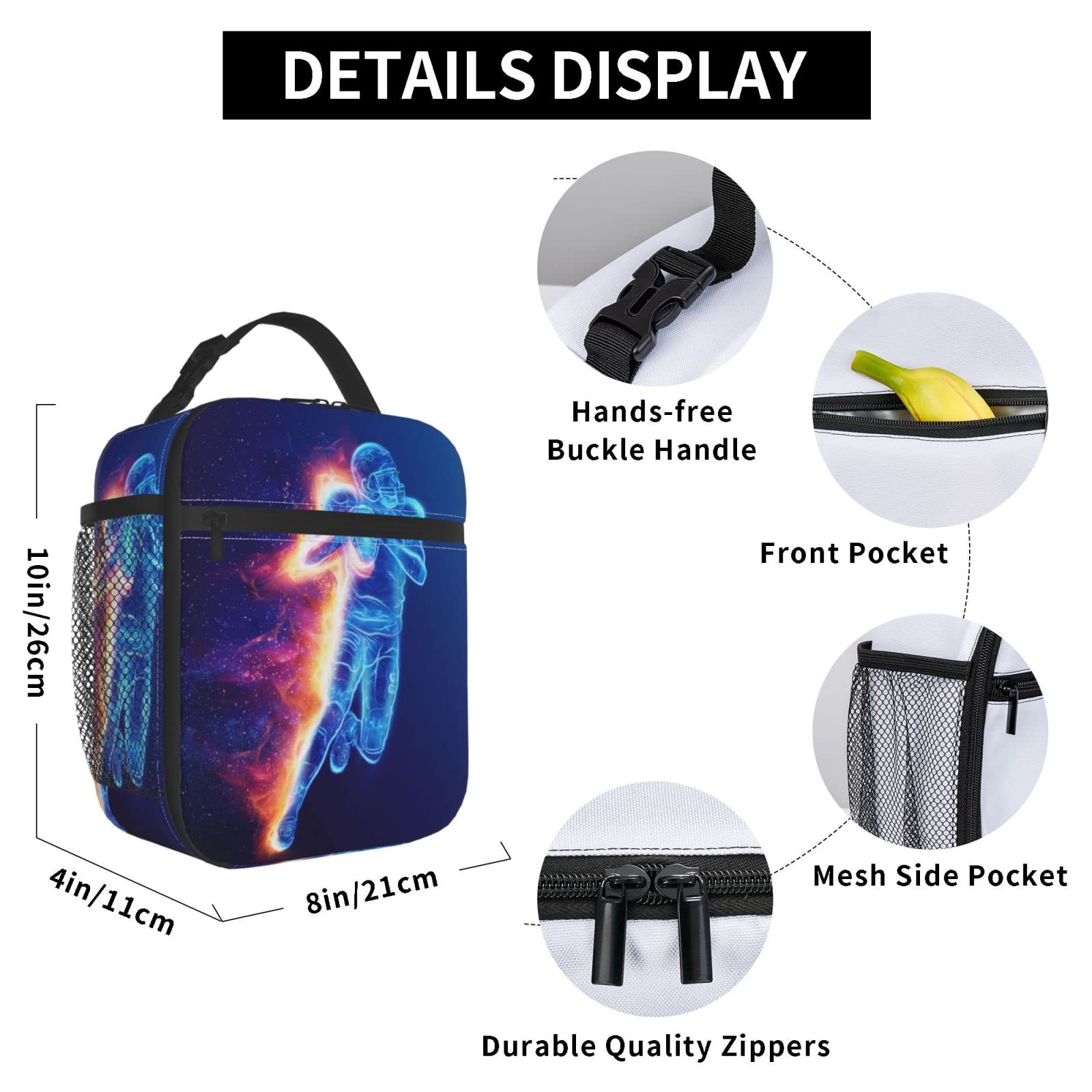 EKAZROMY Boys Football Insulated Lunch Box Bag with Name, Black Lunchboxes with Personalized Text Design, Food Container Tote Bag with Multi-Pocket for Office Work Outdoor Picnic