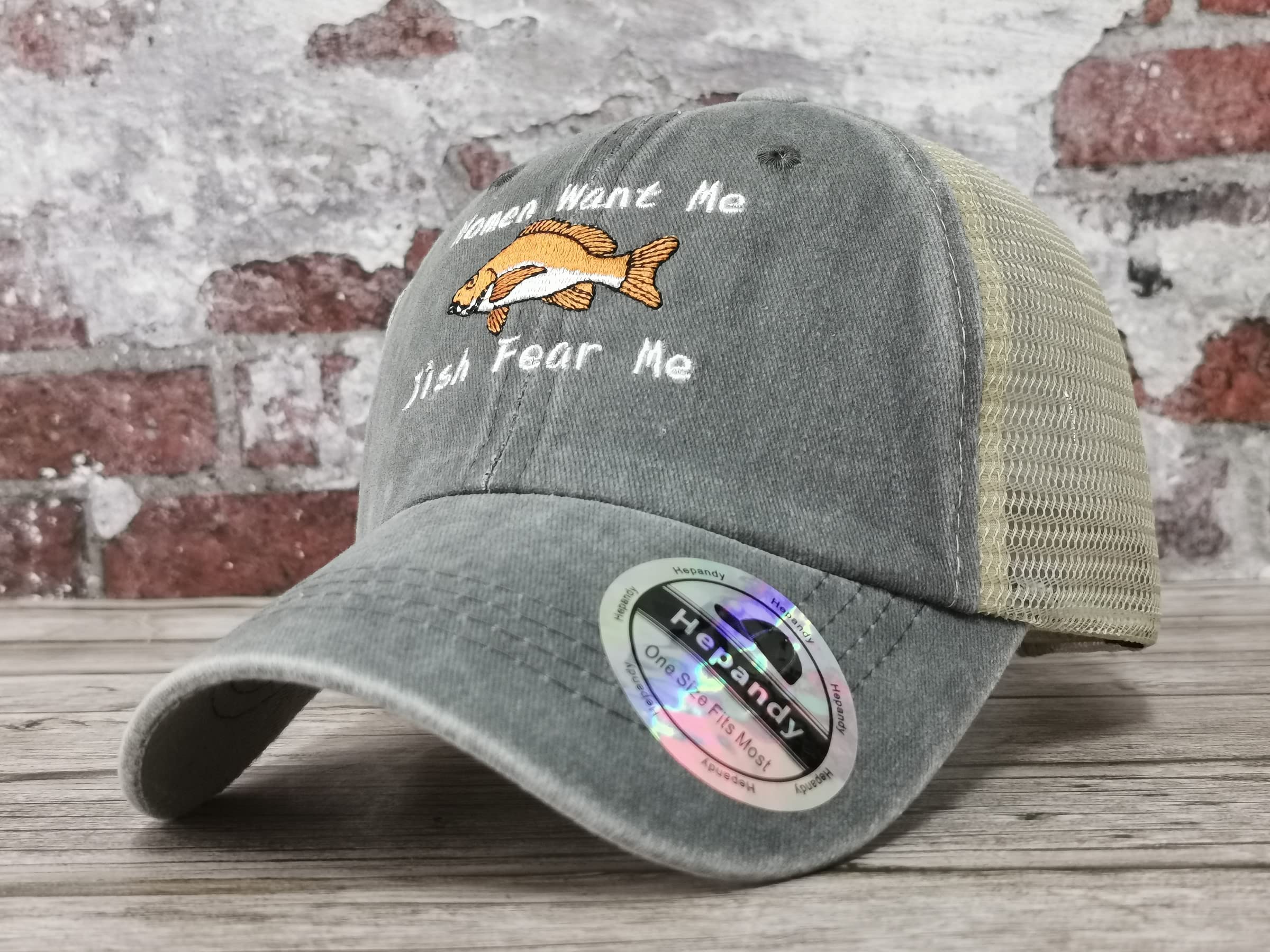 Embroidered Women Want Me Fish Fear Me Trucker Hat for Men, Grey Mesh Embroidery Baseball Cap, Outdoor Adjustable Cotton Snapback Dad Hat