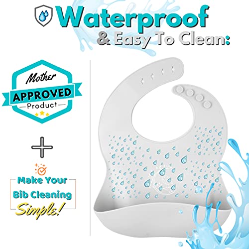Silicone Baby Bibs (2 Pack), Soft Comfortable Adjustable Waterproof Bib, Unisex Easily Clean Bibs With Food Catcher For Babies And Toddlers. Modern Gender Neutral Colors: Grey & White.