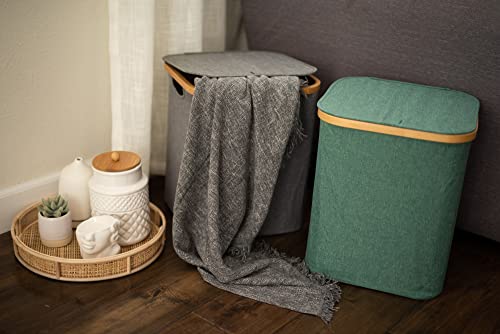 Square Foldable Bamboo Frame Laundry Hamper with Lid, Dirty Clothes Basket, Laundry Room Clothes Organizer 13"x13"x15"