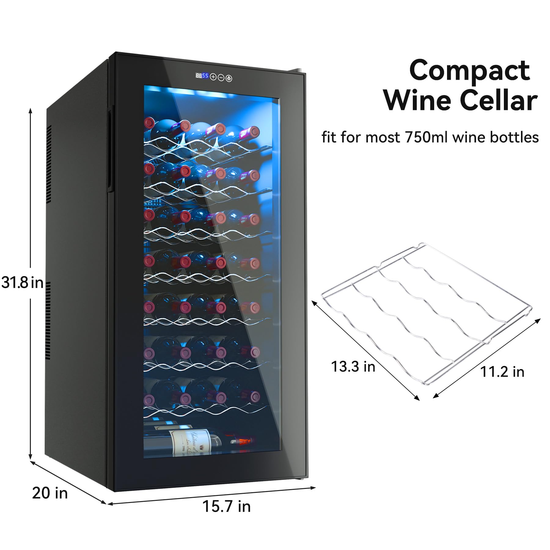 Kerilyn 32 Bottle Wine Fridge, 2.75Cu.Ft./78L Thermoelectric Free Standing Wine Cooler Refrigerator with Interior LED Light, 54°F - 66°F Digital Temperature Control Wine Refrigerator For Red Wine