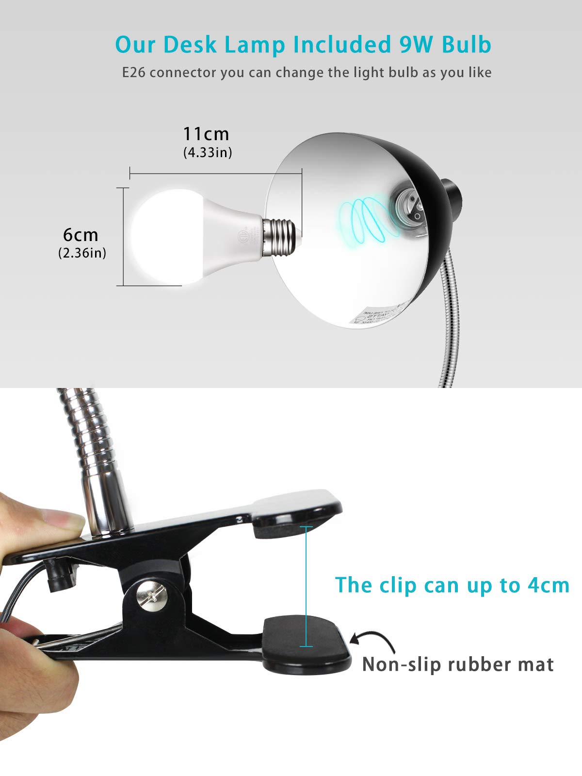 Desk lamp Eye-Caring Table Lamps, 360°Rotation Gooseneck Clip on Lamp Reading Light Portable Reading Book Light, Clamp Light, Study Desk Lamps for Bedroom and Office Home Lighting (Black)