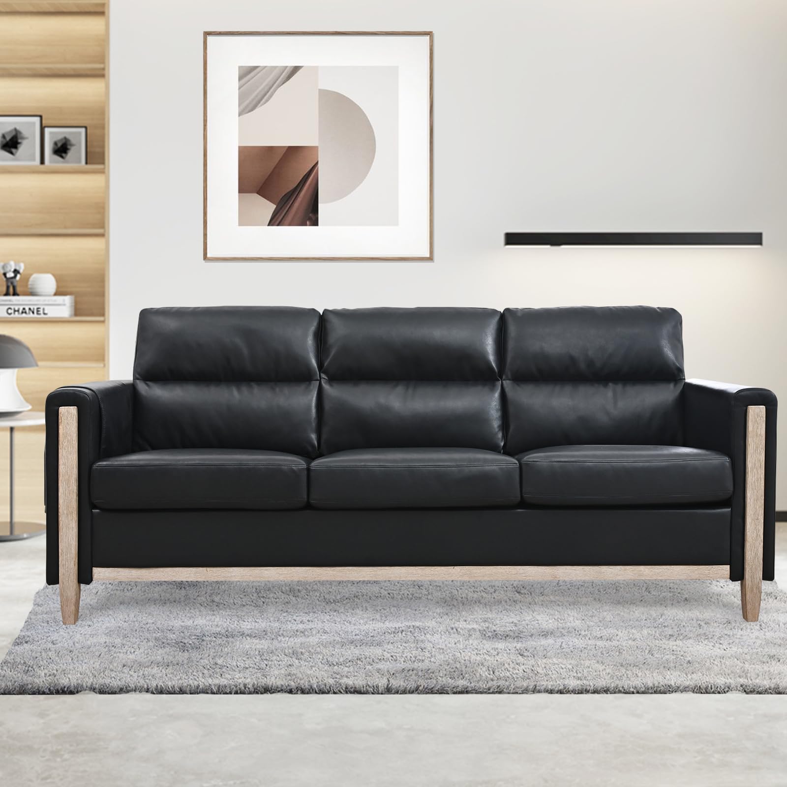 KUVENQIW Faux Leather Sofa Couch with 2 Side Storage Pockets 79.5" Solid Wood 3 Seater Sofa,Soft Cushions,Thick Backrest,Couches for Living Room/Bedroom/Office (Black PU Three-Seater)