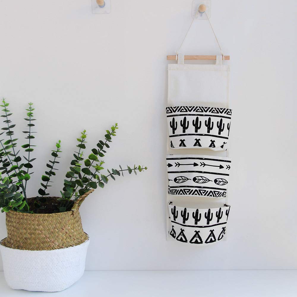 KRLIFCSL Over The Door Clost Hanging Storage Bag with 3 Pockets Canvas Fabric Wall Storage Organizer, 2 Pcs Adhesive Wall Hooks,2 Pack (Black)