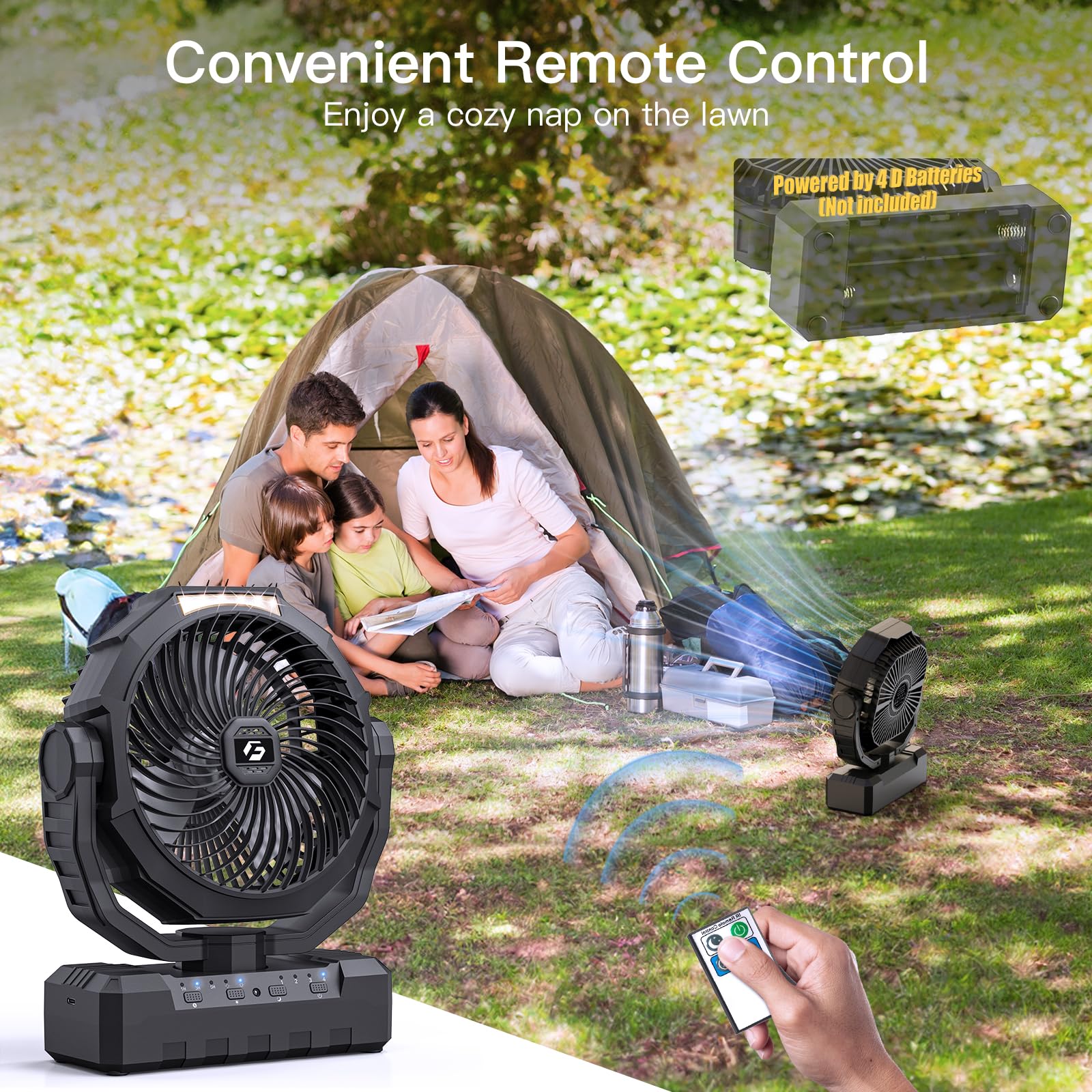 FRIZCOL Battery Operated Fan [200H Max], 2 IN 1 D-Cell Battery & USB Powered Fan, Portable Camping Fan with 4 Speeds, Light, Timer, Remote for Outdoor Tent, Travel, Picnic, Office, Bedroom - Black