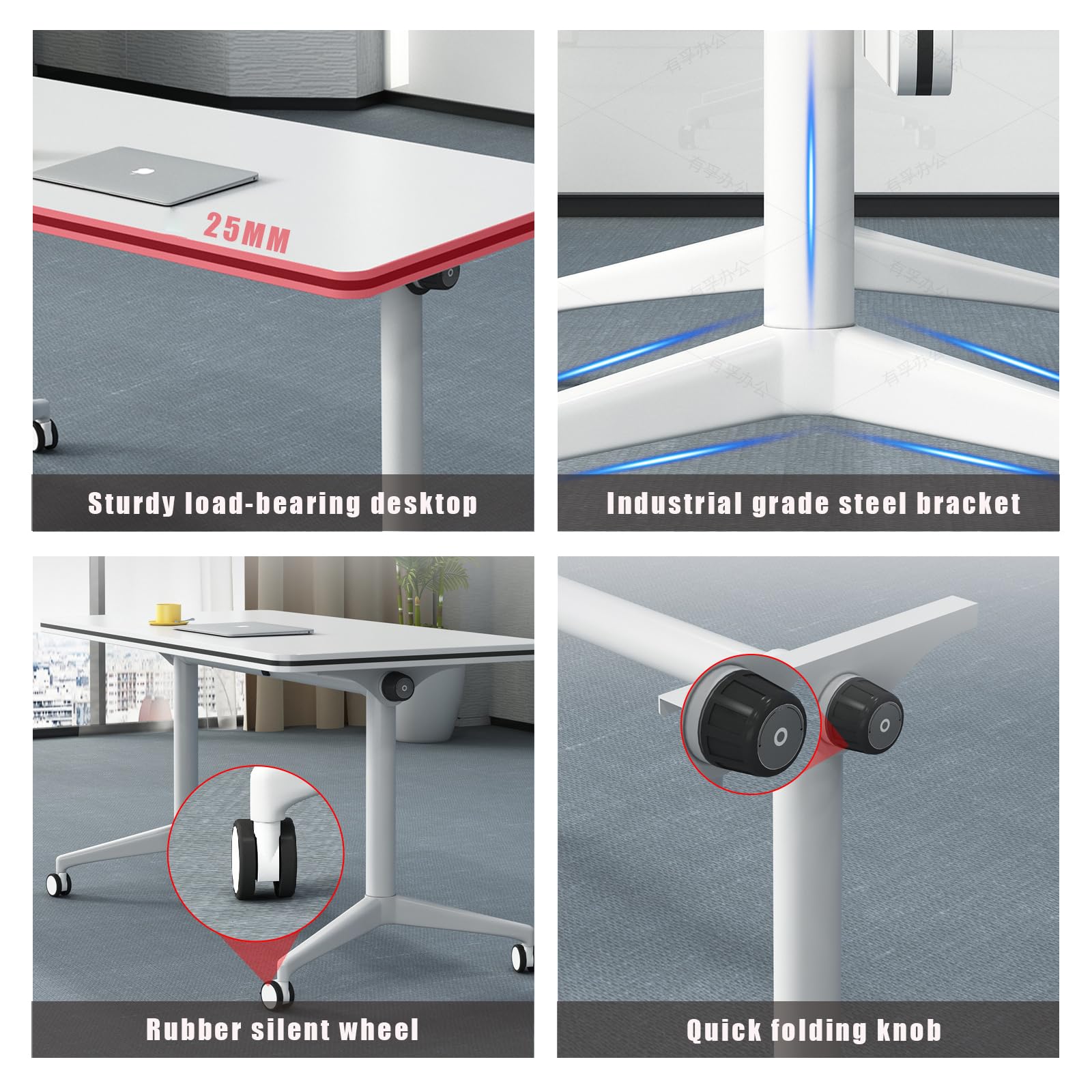 Conference Table Foldable Meeting Tables,4 Pcs Flip Top Mobile Training Table Modern White Portable Table with Silent Wheels Rounded Corner Design for Office,Meeting Room,Classroom (160 * 60 * 75)