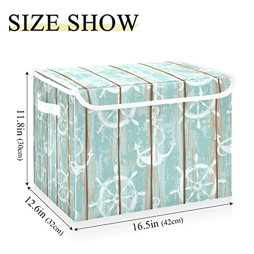 innewgogo Wooden Anchor Storage Bins with Lids for Organizing Baskets Cube with Cover with Handles Oxford Cloth Storage Cube Box for Living Room