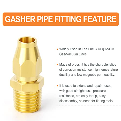 GASHER 5PCS Brass Pneumatic Replacement Fitting, Reusable Hose End Repair Fitting 1/4" Barb(Suitable for 1/4" ID,5/16" OD air hose) x 3/8" NPT Rigid