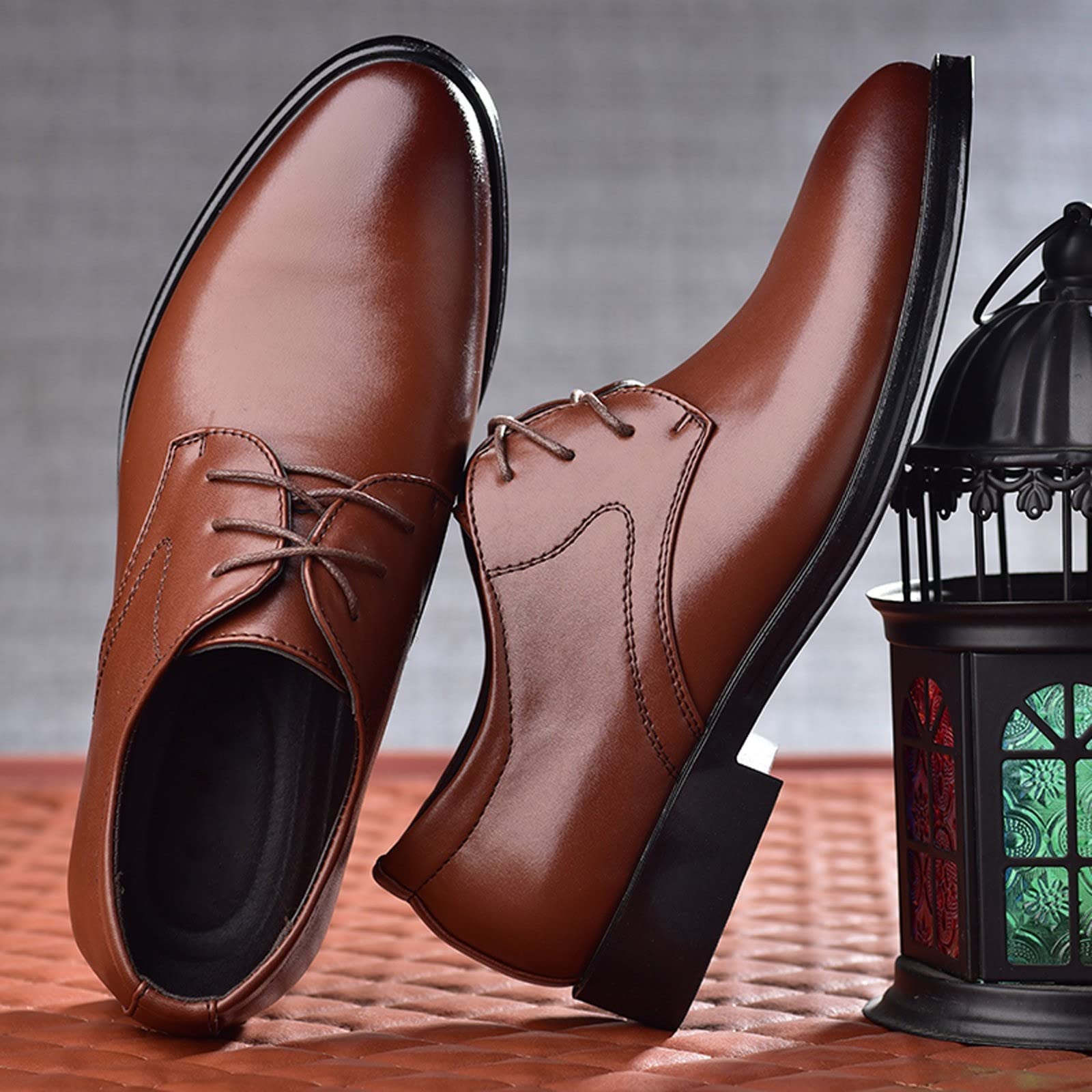 FASDNENDYS Fashion Style Men's Breathable Comfortable Business Lace Up Work Leisure Solid Color Leather Shoes Low Profile Shoes Men Brown