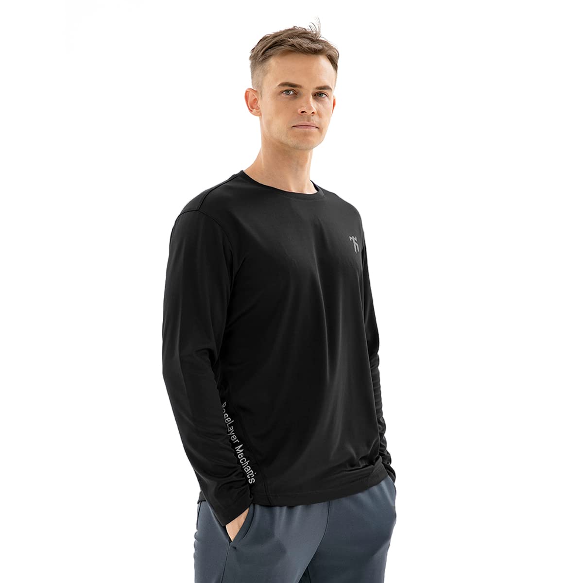 ElsMorr Men's Crew Performance Tech Long-Sleeve T-Shirt Quick Dry Running Lightweight Workout T-Shirts Black