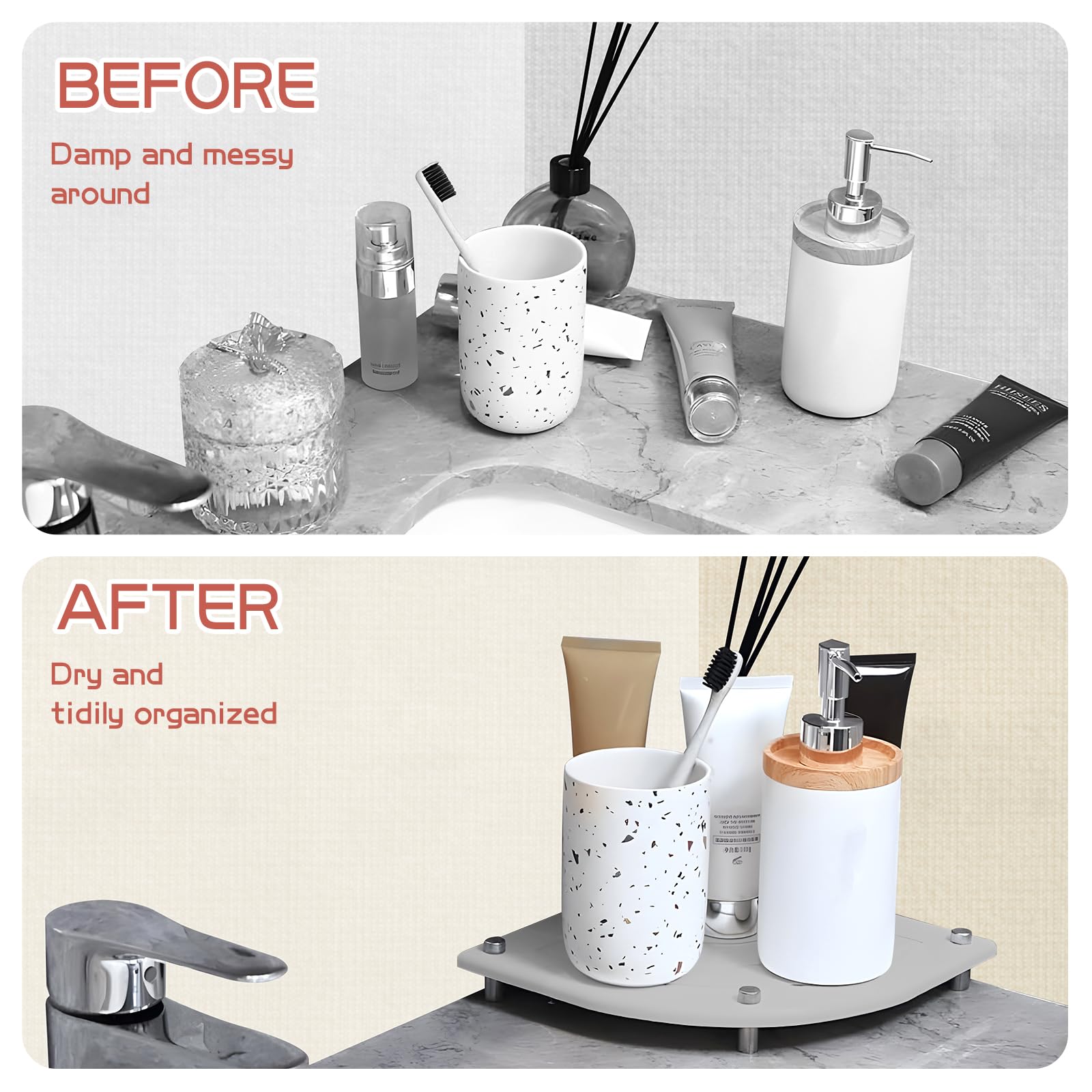 Kweiugfi Instant Drying Stone Sink Tray, Corner Sink Caddy for Kitchen, Diatomaceous Earth Sponge Dispenser Holder, Bathroom Sink Organizer, for Kitchen Bathroom Counter Decor (Light Gray)