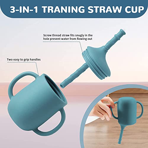 Silicone Baby Feeding Set, 2 adjustable bibs with food collectors, 1 suction cup divider, 1 suction cup, 1 sippy cup,1 stage 1 spoon and 1 fork, Baby Led Weaning Utensils,Toddler Self Feeding Set