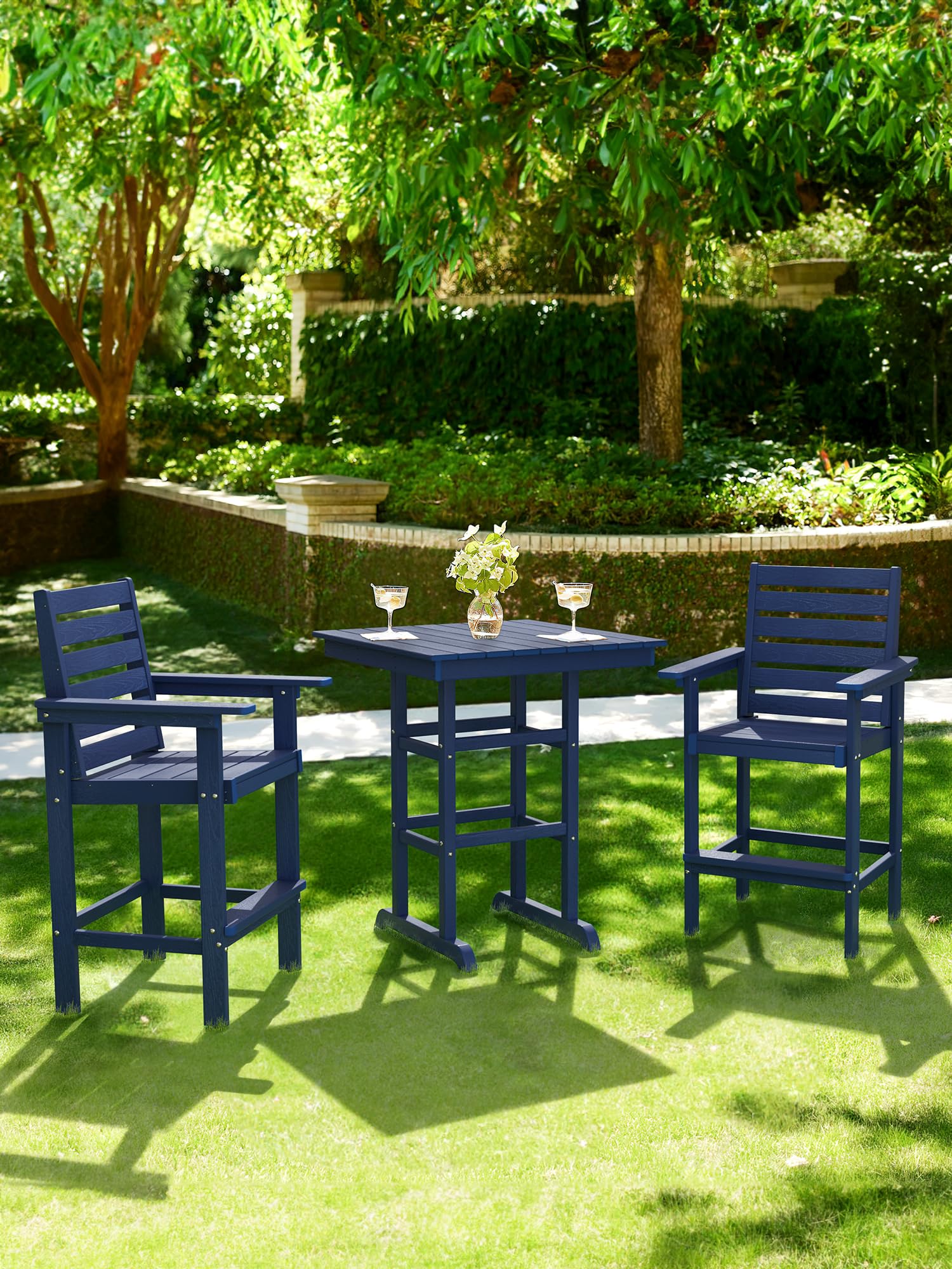 Homenjoy Outdoor Bar Set for 2 Persons, HDPE Weather Resistant Bar Height Patio Set, Patio Square Bar Pub Table and Chairs with Armrest, Bar Table Set for Deck Pool Backyard Balcony, Navy