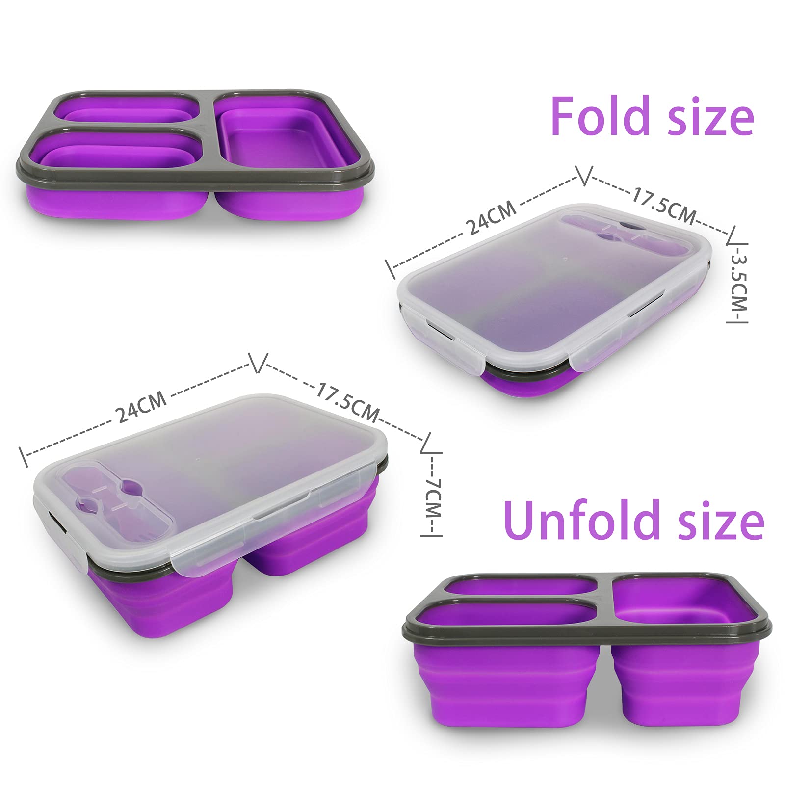 Exclusivo Bolsillo Foldable Bento Lunch Box (6pcs) for Women Men With Spork & Lid BPA Free,Collapsible and Leakproof Space Saving Food Storage Containers with 3 Compartments(6 Color Pack)