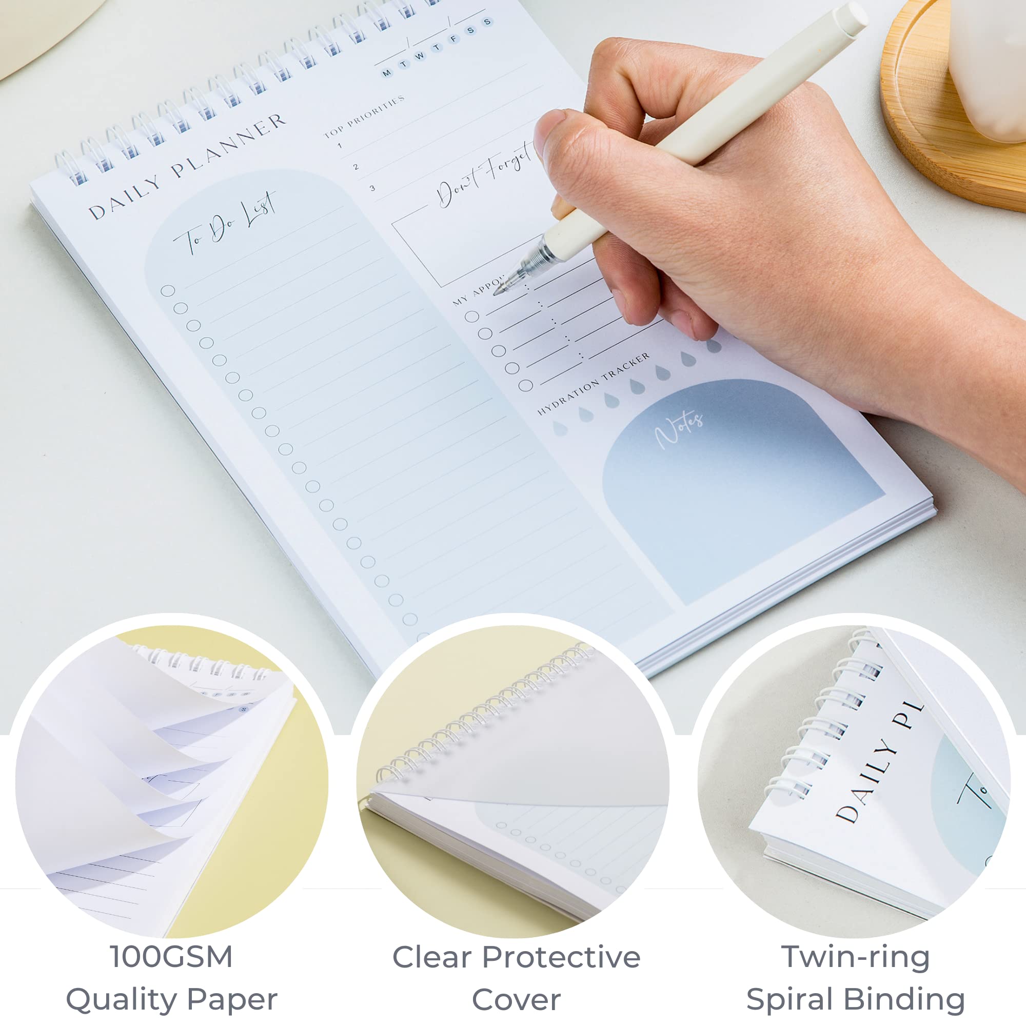 Daily Planner To Do List Notepad 60 Undated Pages,Pastel Blue,Twin-ring Spiral Bindling 6x9 Inch Desktop Daily Planning Notepad with Protective Cover, Water Intake, Habit Tracker