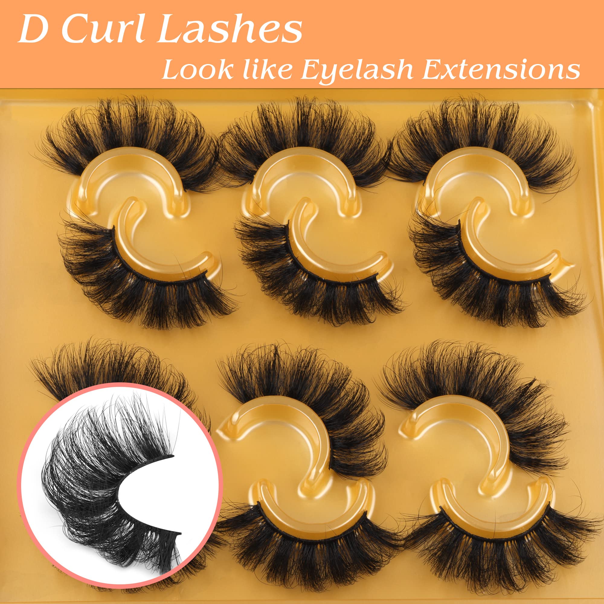 False Eyelashes Fluffy D Curl Mink Lashes 20mm Long Dramatic Fake Lashes 6D Wispy Full Volume Eye Lashes 6 Pairs by Pleell