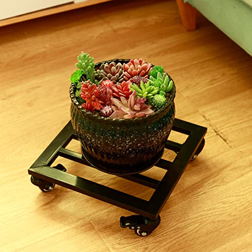 Large Metal Square Plant Caddy with Wheels 13.6β Iron Wrought Rolling Plant Stand with Casters Heavy-Duty Plant Dolly for Indoor and Outdoor Plant Pot Roller Base Square Plant Movers, Glossy Black