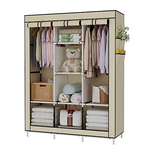 UDEAR Portable Wardrobe Closet Clothes Organizer No-Woven Fabric Cover with 6 Storage Shelves, 2 Hanging Sections and 4 Side Pockets,Beige