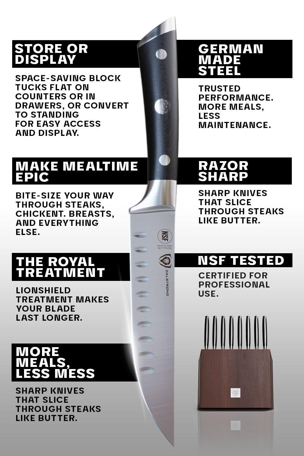 Dalstrong Steak Knife Set - 8 Piece - 5 inch Straight Edge Blade - Gladiator Series Elite - Forged High-Carbon German Steel Dinner Kitchen Knife - Black G10 Handle - Folding Block Set - NSF Certified