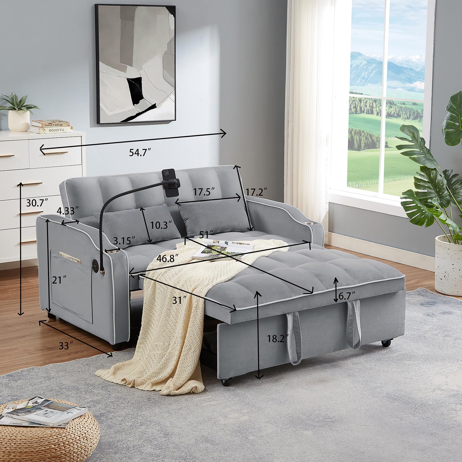 KINFFICT Pull Out Sofa Bed with Phone Holder, Convertible Velvet Loveseat Sleeper with USB Charging Ports, Futon Couch with Cup Holders and Adjustable Backrest, Dark Grey