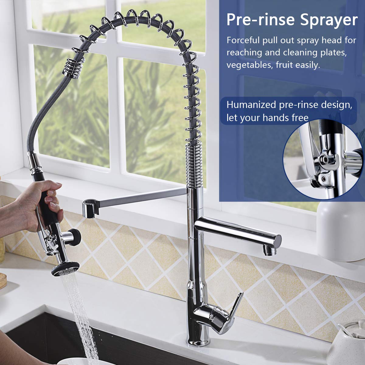 Commercial Kitchen Faucet Pull Down Sprayer with Soap Dispenser - Brass High Arc Tall Modern Single Lever Handle One Hole Spring Pull Out Kitchen Sink Faucet with Pull Out Spray