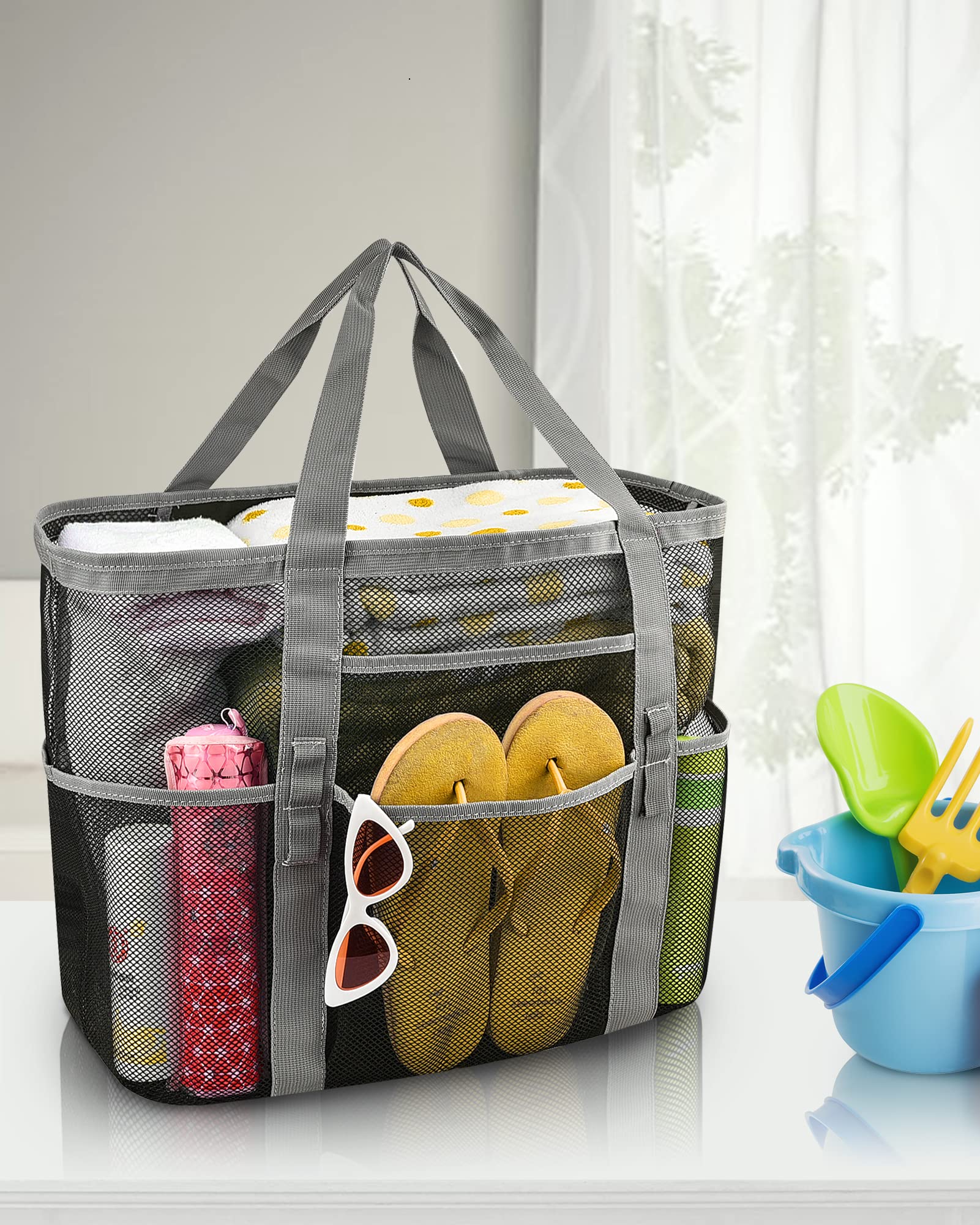 Extra Large Mesh Tote Bag with Multiple Pockets, Heavy Duty Beach Bag for Family Trip Camping Swimming